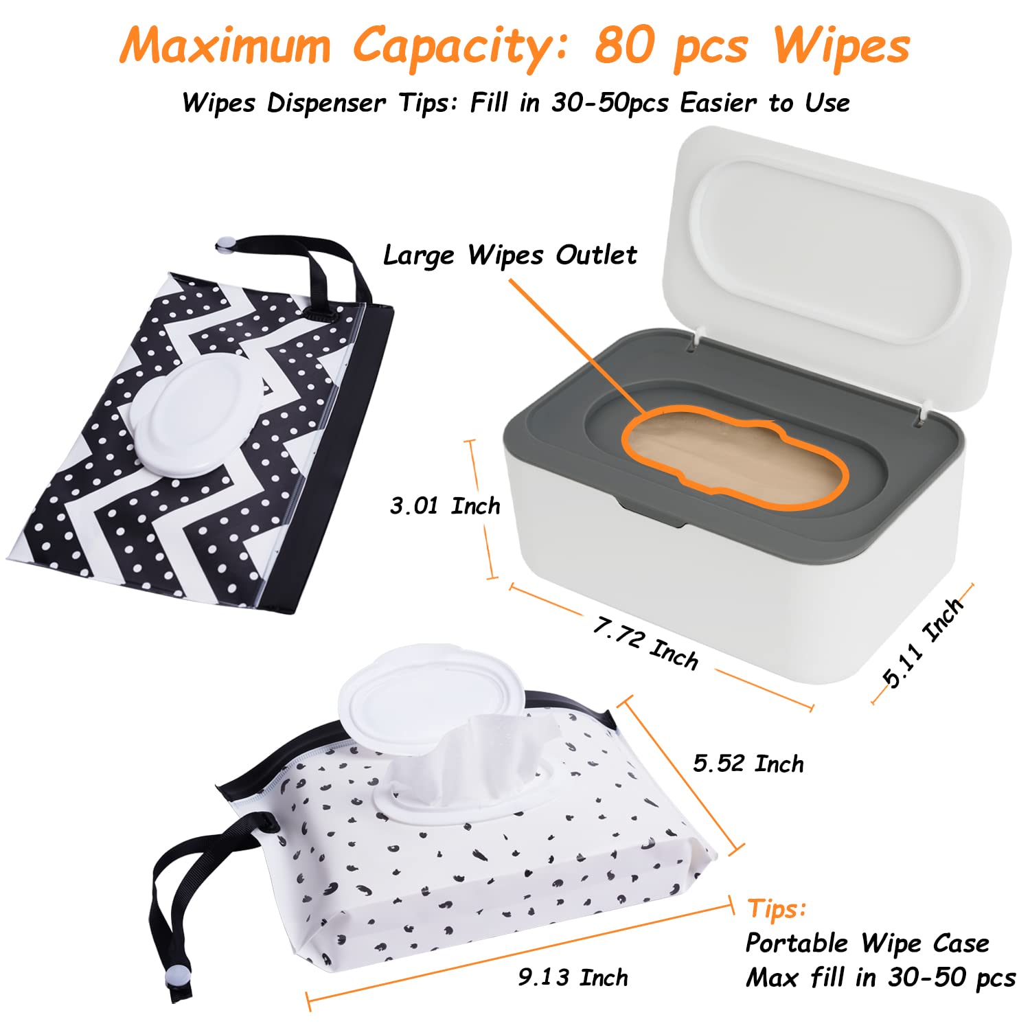 2 Pack Wipes Dispenser with 2 Portable Wipe Cases, Wipe Holder for Baby & Adult, Seposeve Refillable Wipe Container, Keeps Wipes Fresh. Easy Open/Close Wipes Pouch Case, 2 Black + Black White