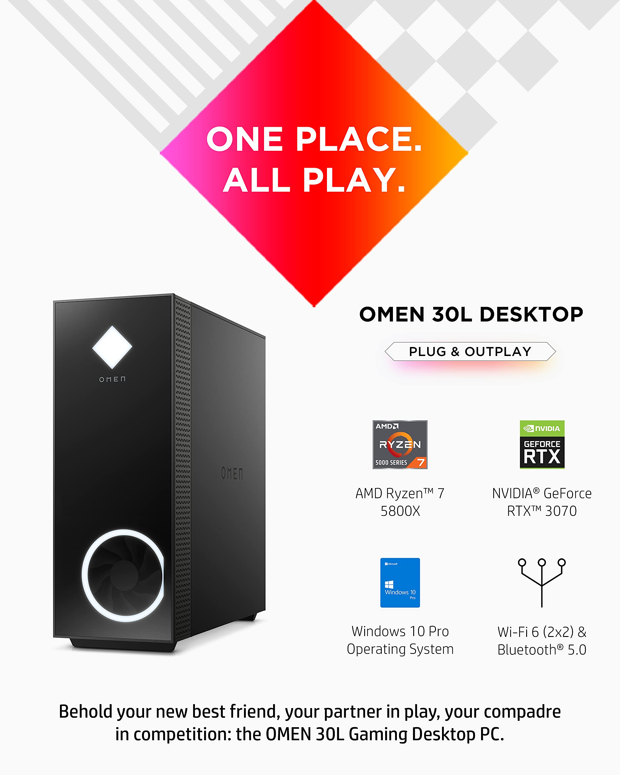 Omen 30L Gaming PC, NVIDIA GeForce RTX 3070, AMD Ryzen 7 5800X, HyperX 32 GB RAM, 1 TB SSD, Windows 10 Pro, Wi-Fi 6 & Bluetooth 5, Liquid Cooling, RGB Lighting (GT13-1170, 2021)