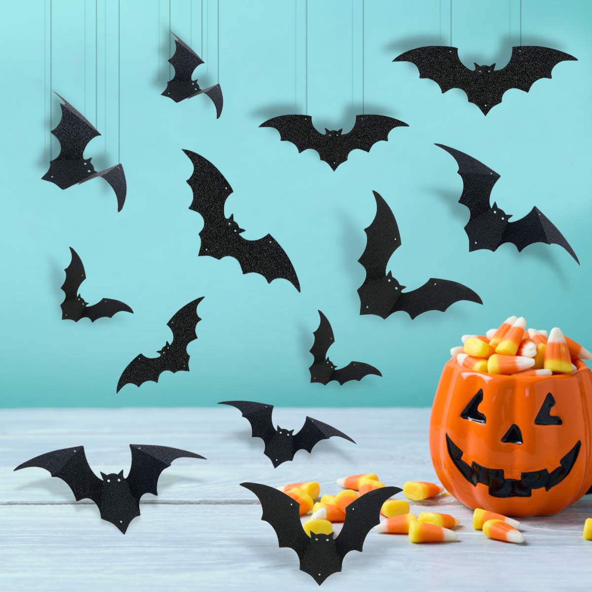 24Pcs Black Hanging Bats Halloween Decorations Outdoor, Flying Bats Hanging Halloween Decorations for Hanging in The Tree, Porch, Yard, Lawn, Indoor