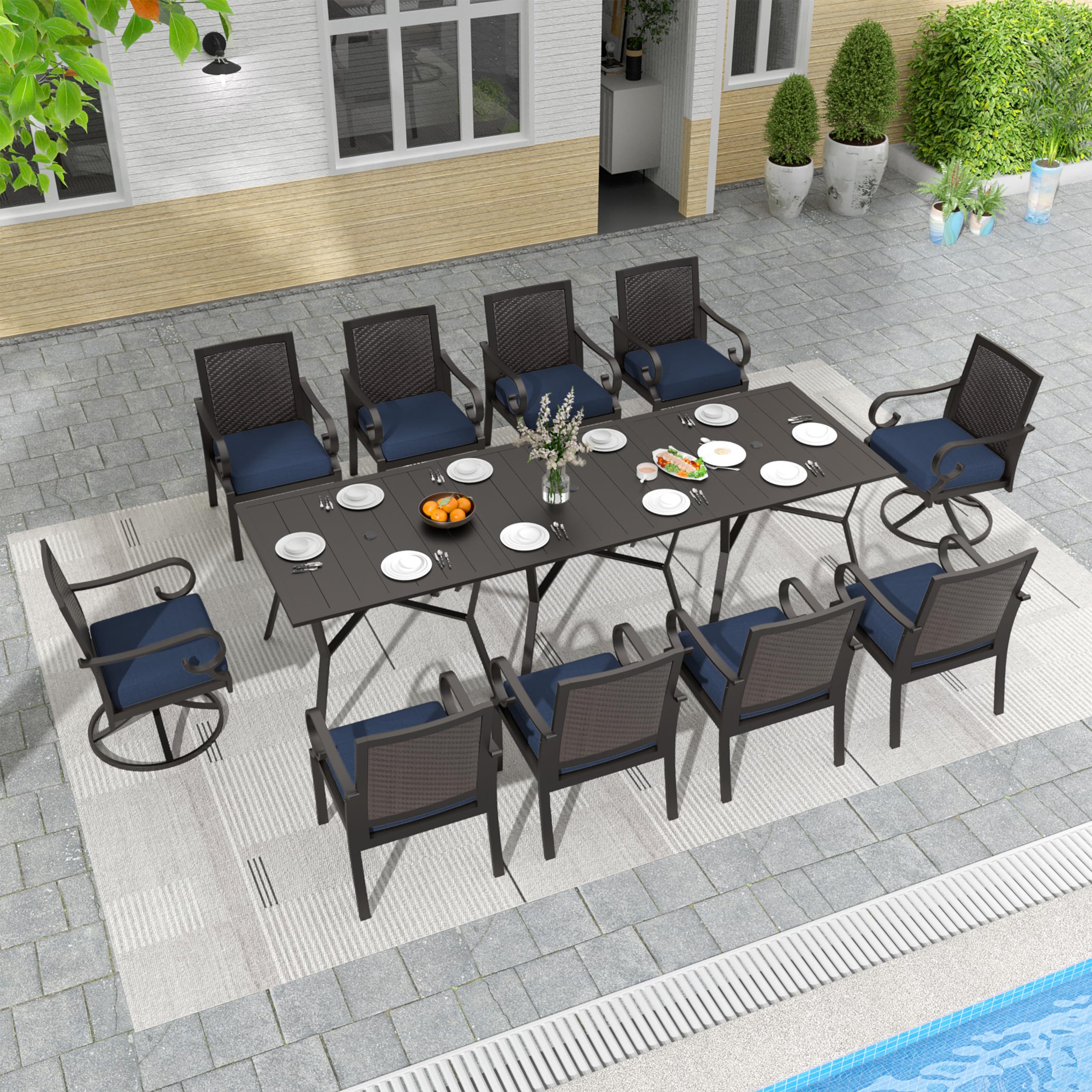 RTDTD 13 Pieces Outdoor Dining Set Patio Dining Table and Chairs Set Outdoor Furniture Set with 3 Square Metal Dining Tables with Umbrella Hole,10 Wicker Patio Chairs with Dark Blue Cushions
