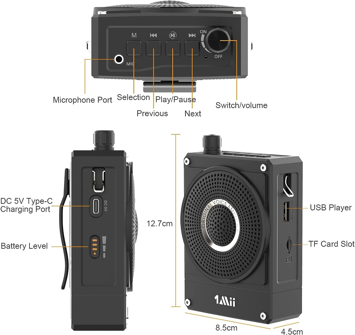 1Mii Voice Amplifier with Portable UHF Wireless Microphone Headset, 10W 1800mAh Large Capacity Rechargeable PA System for Multiple Locations Such as Yoga, Meetings, Tour Guides MK04
