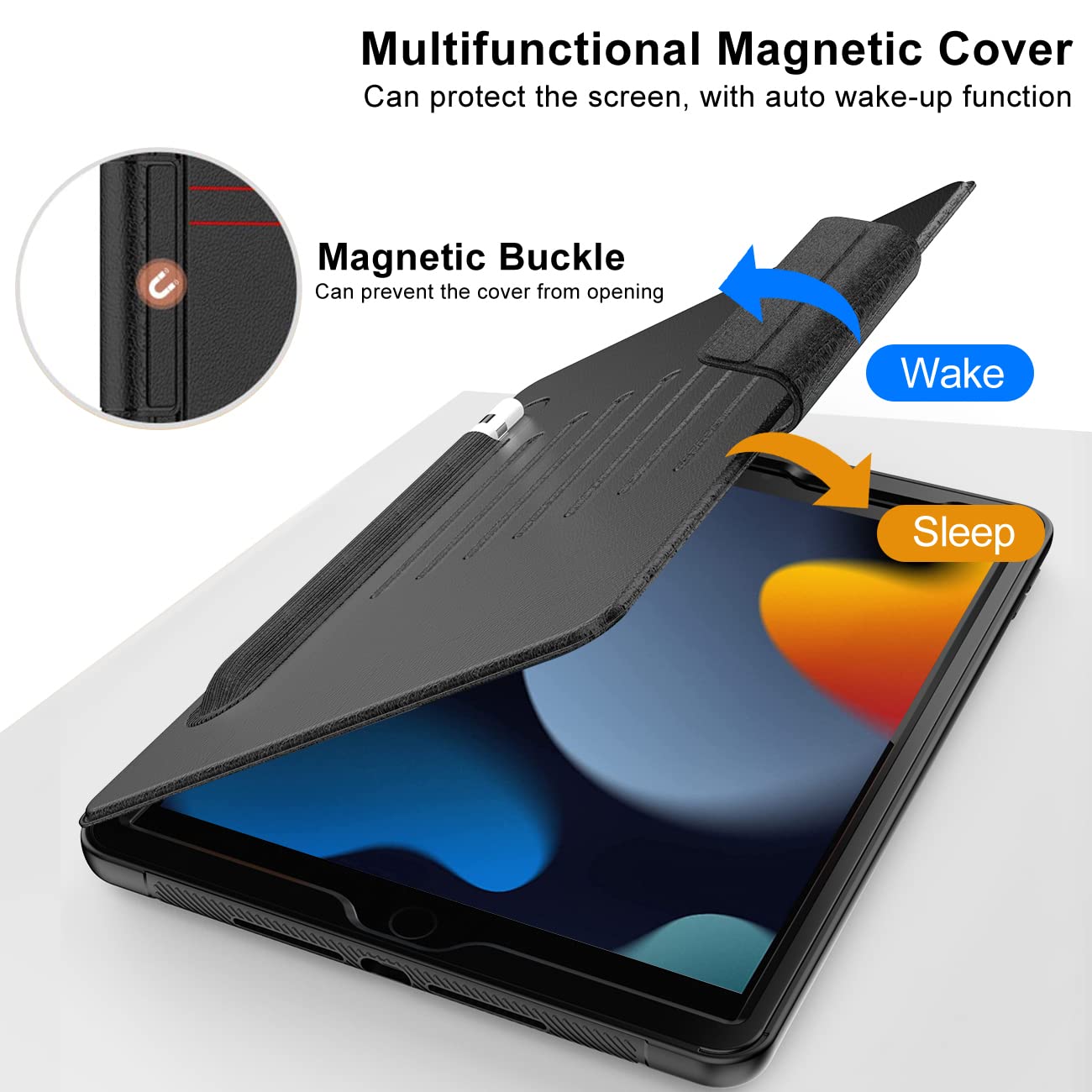 DUNNO Case for iPad 9th/ 8th/ 7th Generation (iPad 10.2-Inch 2021/2020/2019), Shockproof Magnetic Multi-Angles Stand Cover Case with Pen Holder & Card Pocket, Auto Wake/Sleep (Black)