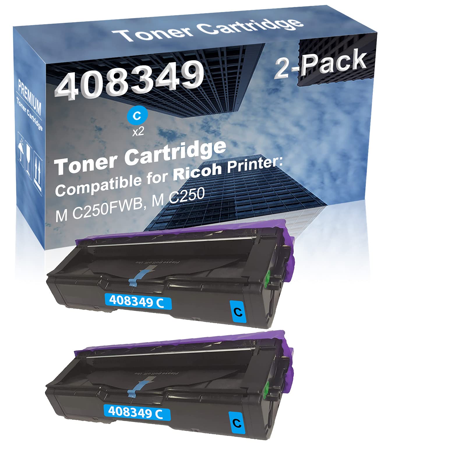 2-Pack (Cyan) Compatible High Yield 408349 Laser Printer Toner Cartridge Used for Ricoh M C250FWB, M C250 Printer