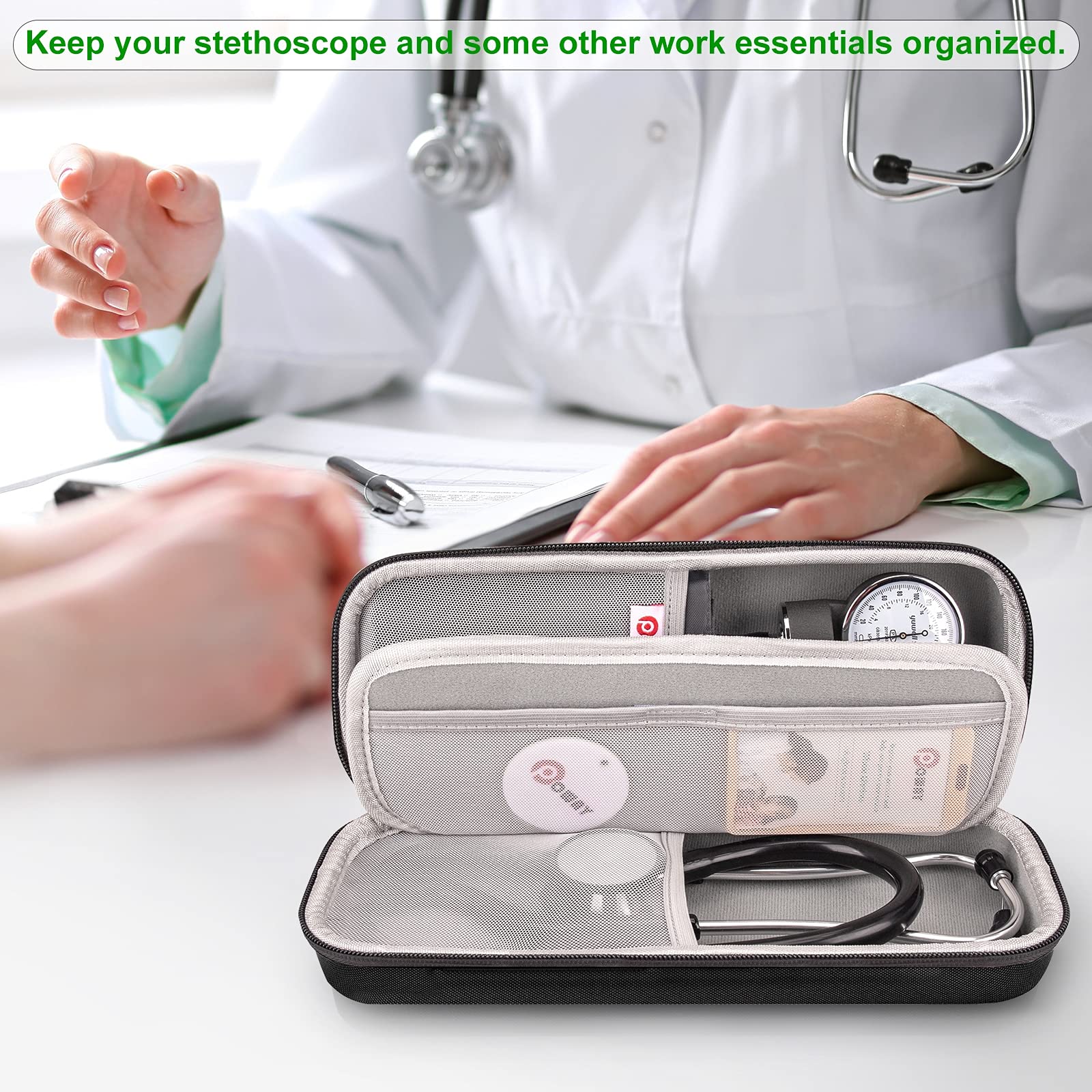 Opoway Stethoscope Case with Penlight for Nurses, Stethoscope Carrying Hard Case for 3M Littmann, Cardiology IV, MDF Stethoscopes - Extra Room for Nurse Accessories Essentials (Black with Pen Light)