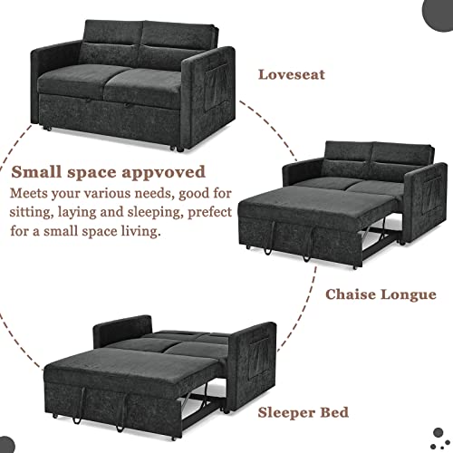 3 in 1 Convertible Sleeper Sofa Bed, Antetek Modern Chenille Loveseat Sleeper Sofa Couch with Pull-Out Bed, Small Love seat Sofa Bed with Reclining Backrest & Side Pocket for Living Room, Black, 54.6"