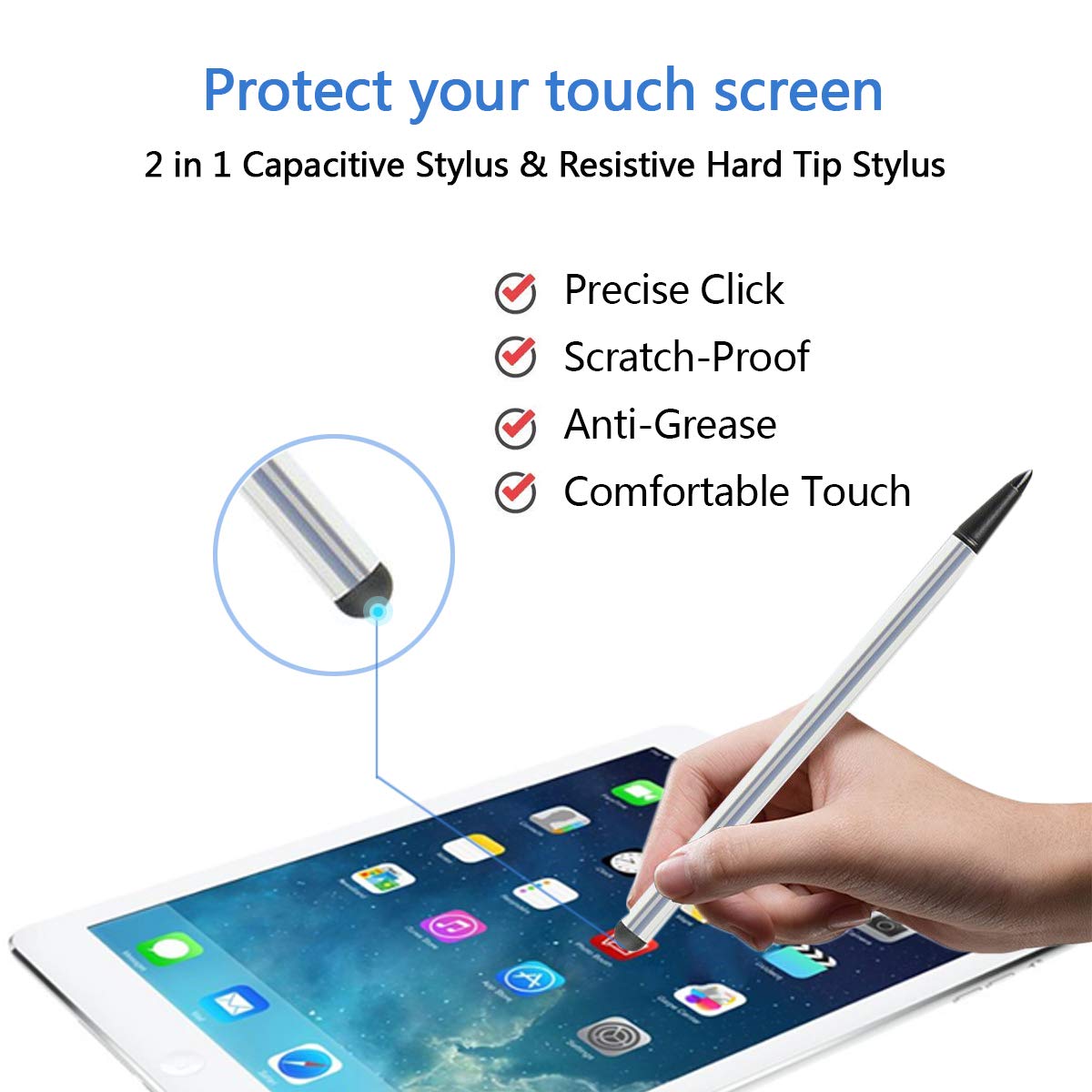 Capacitive and Resistive Stylus Pen, Rubber Nib & Hard Tip 2 in 1 Series, Fine Point Stylus Tip,High Sensitivity Precision,Universal for Samsung Galaxy and Other Android Touch Screen(3 Pieces)
