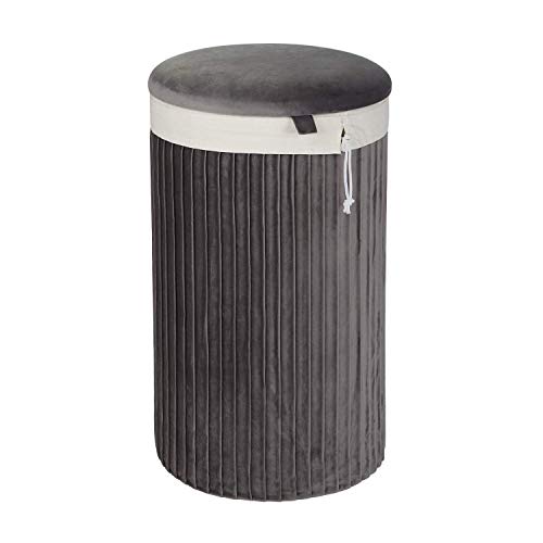 Inspire Me! Home Décor Lydia Round, Pleated Pewter Grey Soft Velvet Removable Washable Bag, 14 Dia x 24 in, Gorgeous and Classy Laundry or Storage Hamper