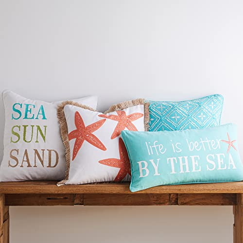 Levtex Home - Bakio - Decorative Pillow (18X18in.) - Embroidered Starfish in Coral and White - Coral and White with Taupe Fringe