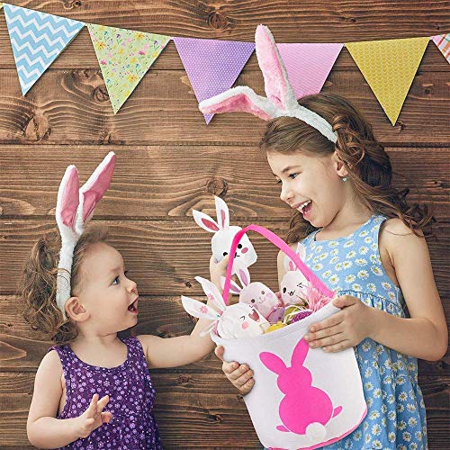 2 Pieces Easter Bunny Basket for Kids Personalized Canvas Cotton Candy Gift Egg Basket and Eggs Hunt Bag for Easter