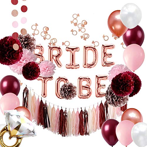 Burgundy and Rose Gold Bachelorette Party Decorations Bridal Shower Kit - Tissue Pom Poms Bride to Be Balloons Banner Tassels Garland Ring Confettis - All in ONE