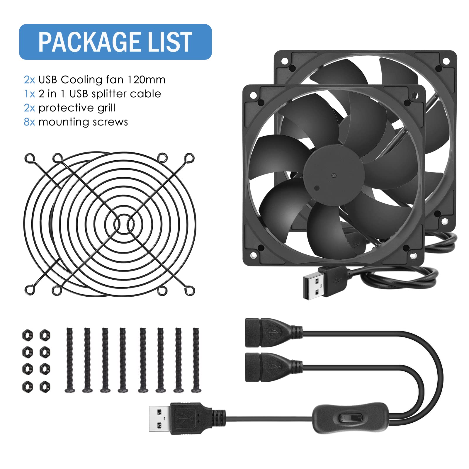 2-Pack 120mm USB Computer Fan with 1 Male to 2 Female Extension Cable with ON/Off Switch for Receiver DVR Playstation Xbox Computer Cabinet Cooling
