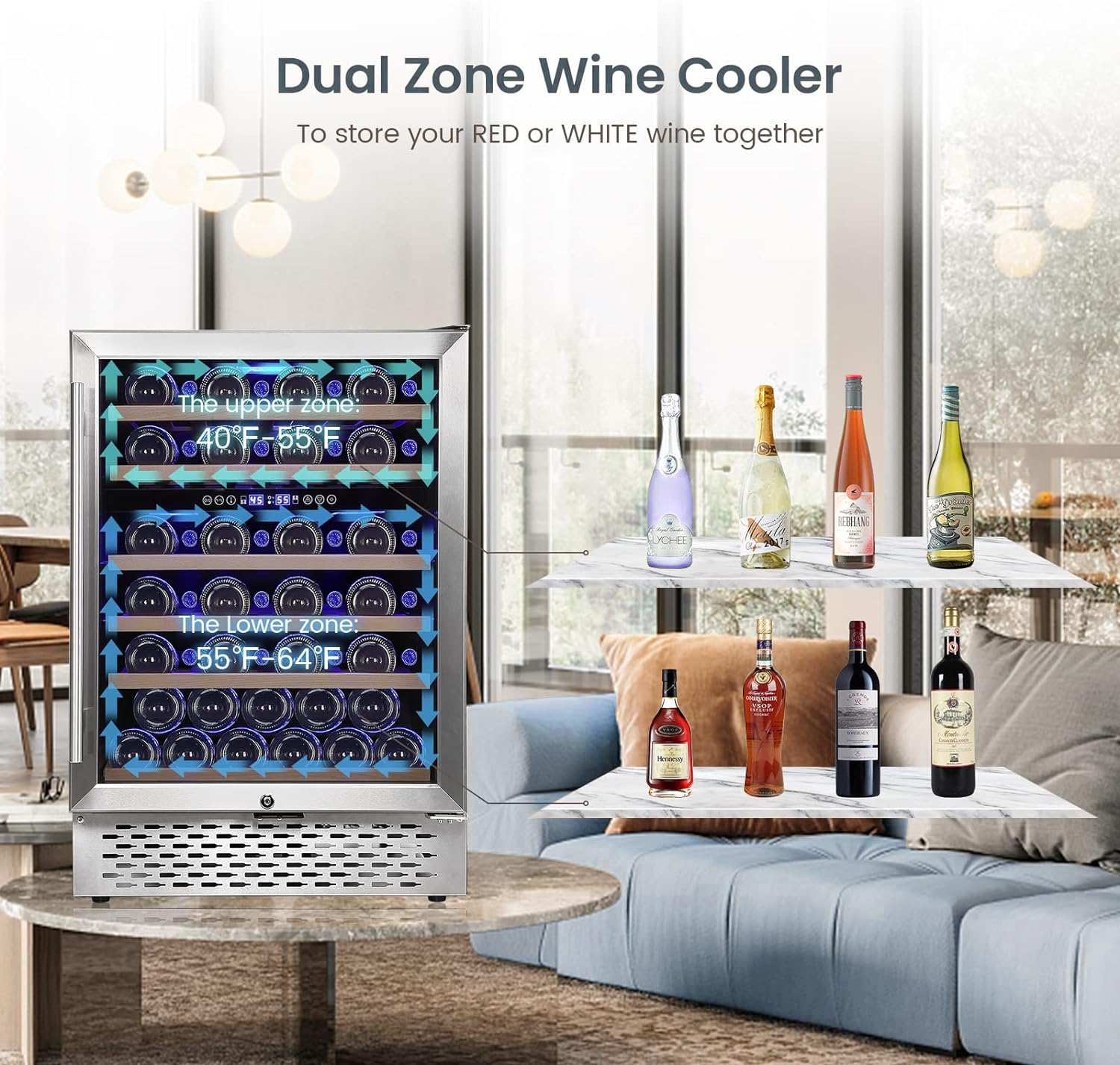 51-Bottle Compressor Wine Cooler Refrigerator, 24'' Freestanding Wine Cellar Refrigerator, Stainless Steel Three-layer Tempered Glass Door, Temperature Memory Function, Wine Fridge for Champagne