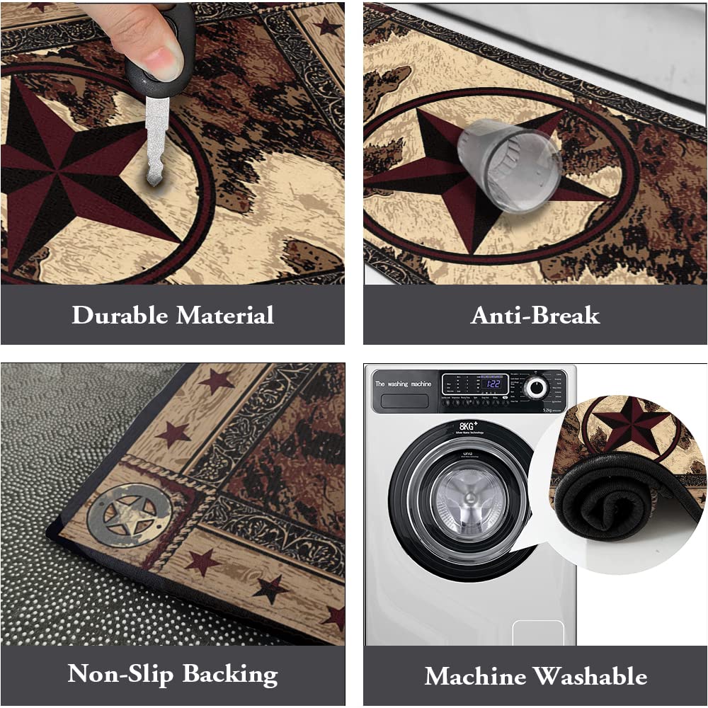 2 Pieces Non-Slip Vintage Style Kitchen/Bath Rug Runner Mat, Super Absorbent Rugs, Washable Carpet Kitchen Mats 15.7x23.6inch+15.7x47.2inch, Western Texas Star on Wood Panel Rustic