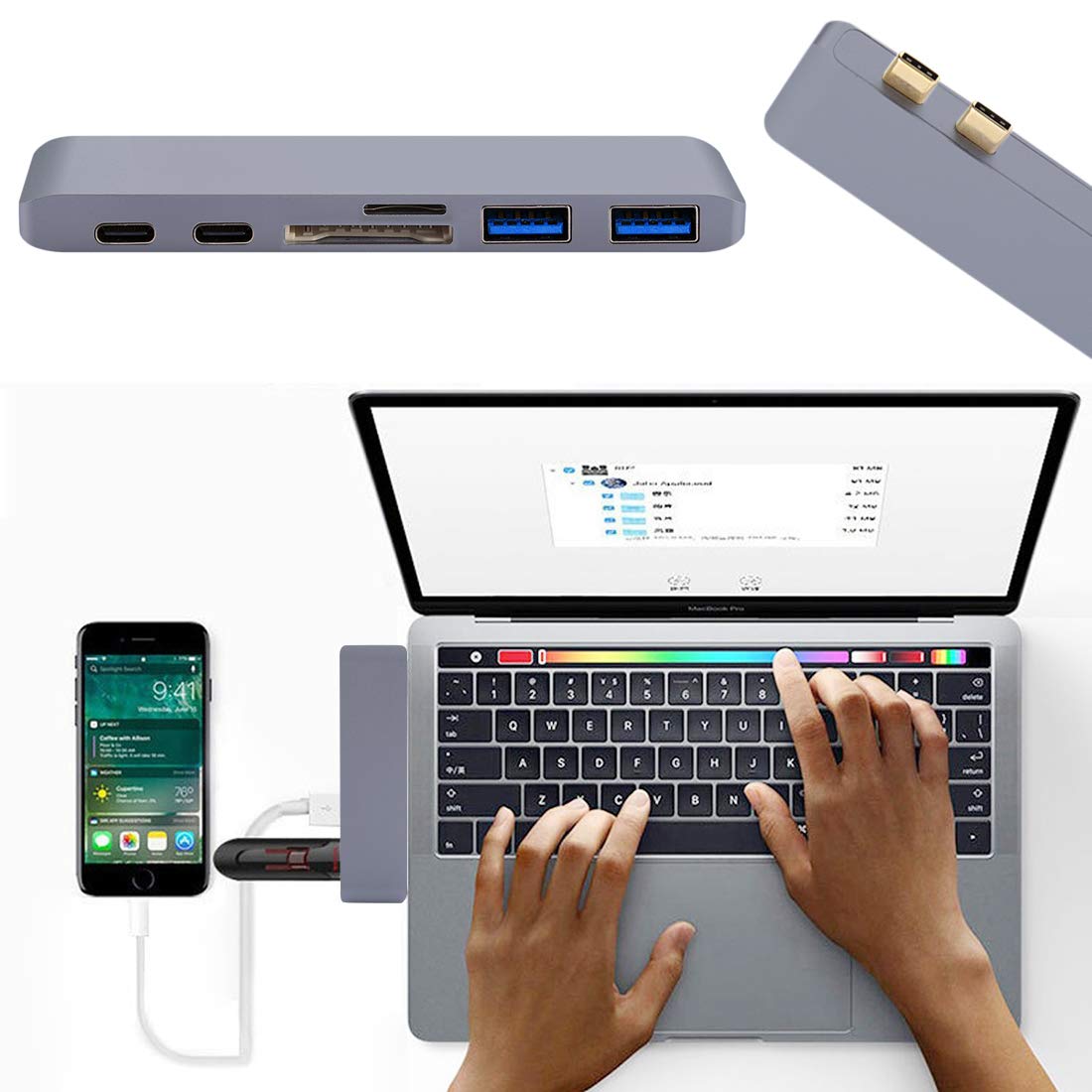 Jiali USB-C Hub Converter 6 in 1 Multi-Function Aluminium Alloy 5Gbps Transfer Rate Dual USB-C/Type-C HUB Adapter with 2 USB 3.0 Ports & 2 USB-C/Type-C Ports & SD Card Slot & TF Card Slot for Macb