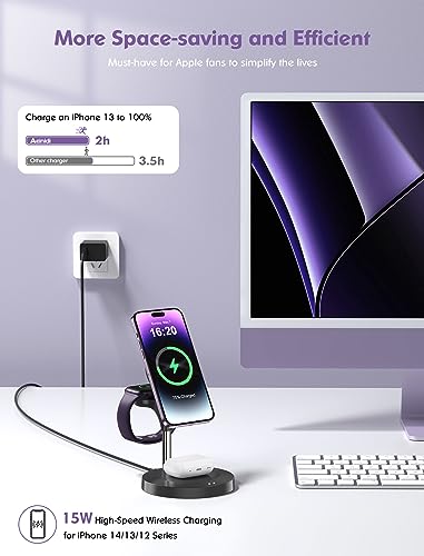 3 in 1 Wireless Charging Station for Multiple Devices Apple, Aeinidi 15W Fast Mag-Safe Charger Stand, Magnetic Charger for iPhone 14 13 12 Pro Max/Plus/Pro/Mini, Apple Watch, AirPods Pro 3 2, Black