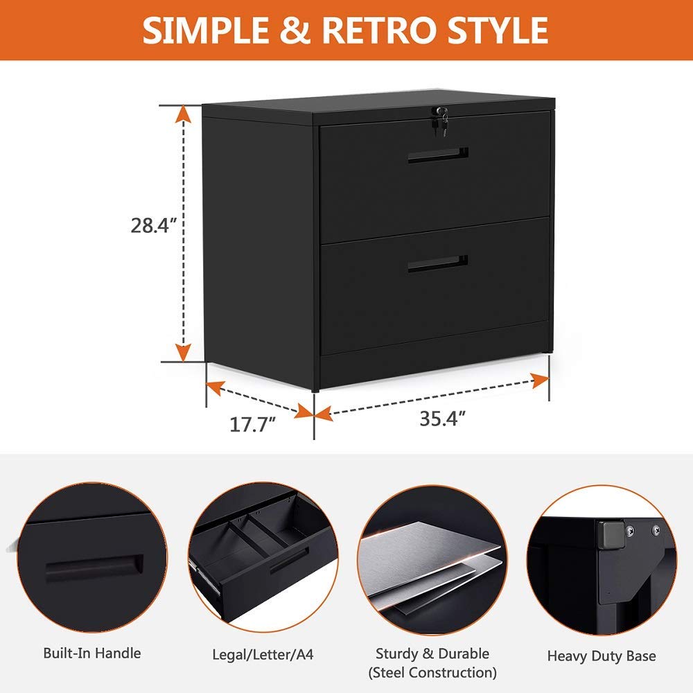 2 Drawer Lateral Filing Cabinet for Home and Office, Hanging File White and Black Lateral File Cabinet