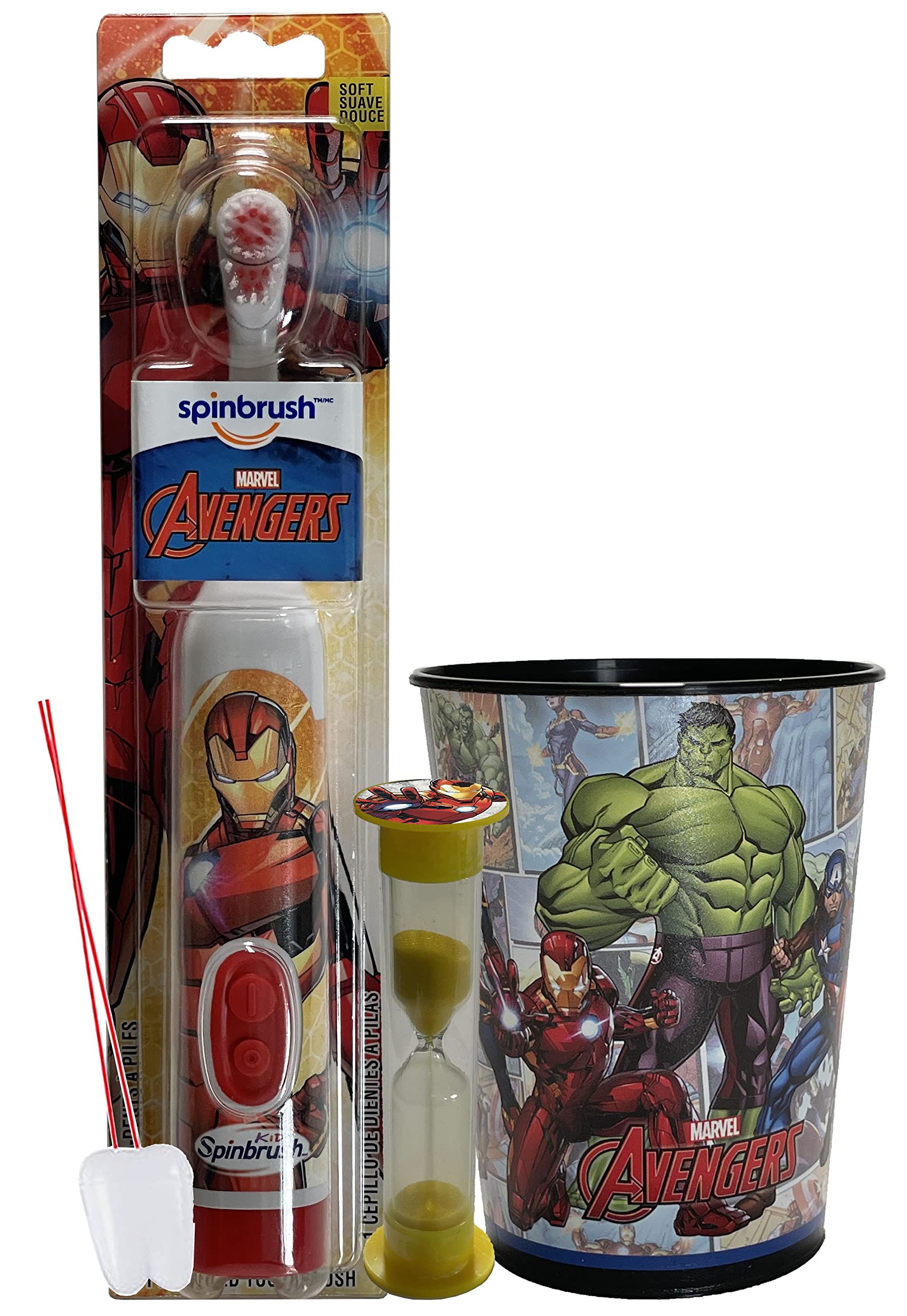Avengers Battery Powered Bundle featuring IronMan with 2 Minute Timer, Matching Avengers Rinse Cup, Tooth Saver Necklace, and Bag for when on the Go!