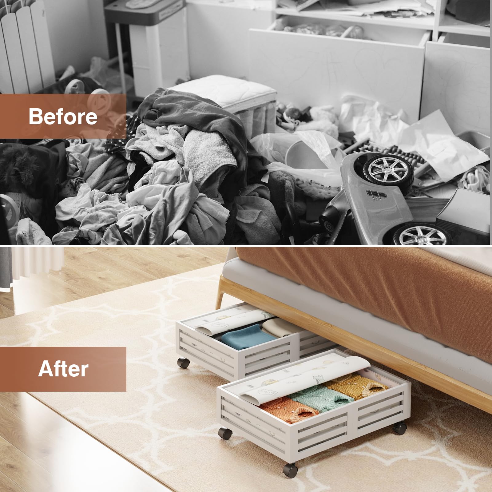 2 Pack Under Bed Bamboo Storage Containers,Under Bed Storage with Wheels,Stackable Under Bed Drawer Organizer with Lids Dust Bags for Baby Clothes Shoes Toys Blankets Bedding Wardrobe Bedroom(Natural)