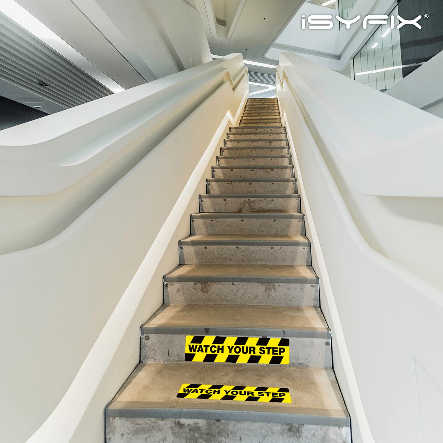 iSYFIX Watch Your Step Floor Decals Stickers - 6 Pack 20x5 Inch - Premium Self-Adhesive Vinyl, Laminated Anti-Slip, Water Resistance, sticker Indoor & Outdoor