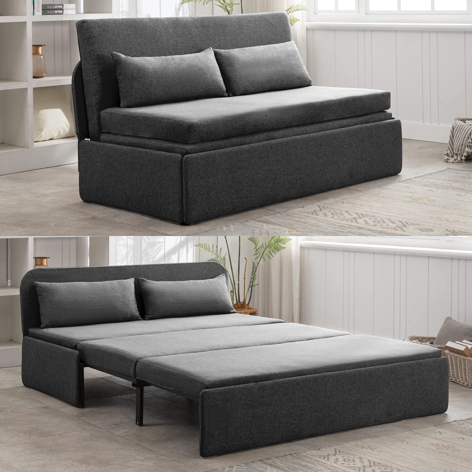 Mjkone Queen Size 2 in 1 Convertible Sofa Bed, Linen Loveseat with 1 Foldable Mattress and 2 Cushions, Pull Out Sleeper Sofa,Couch Bed for Small Place, Apartment and Office - Dark Gray