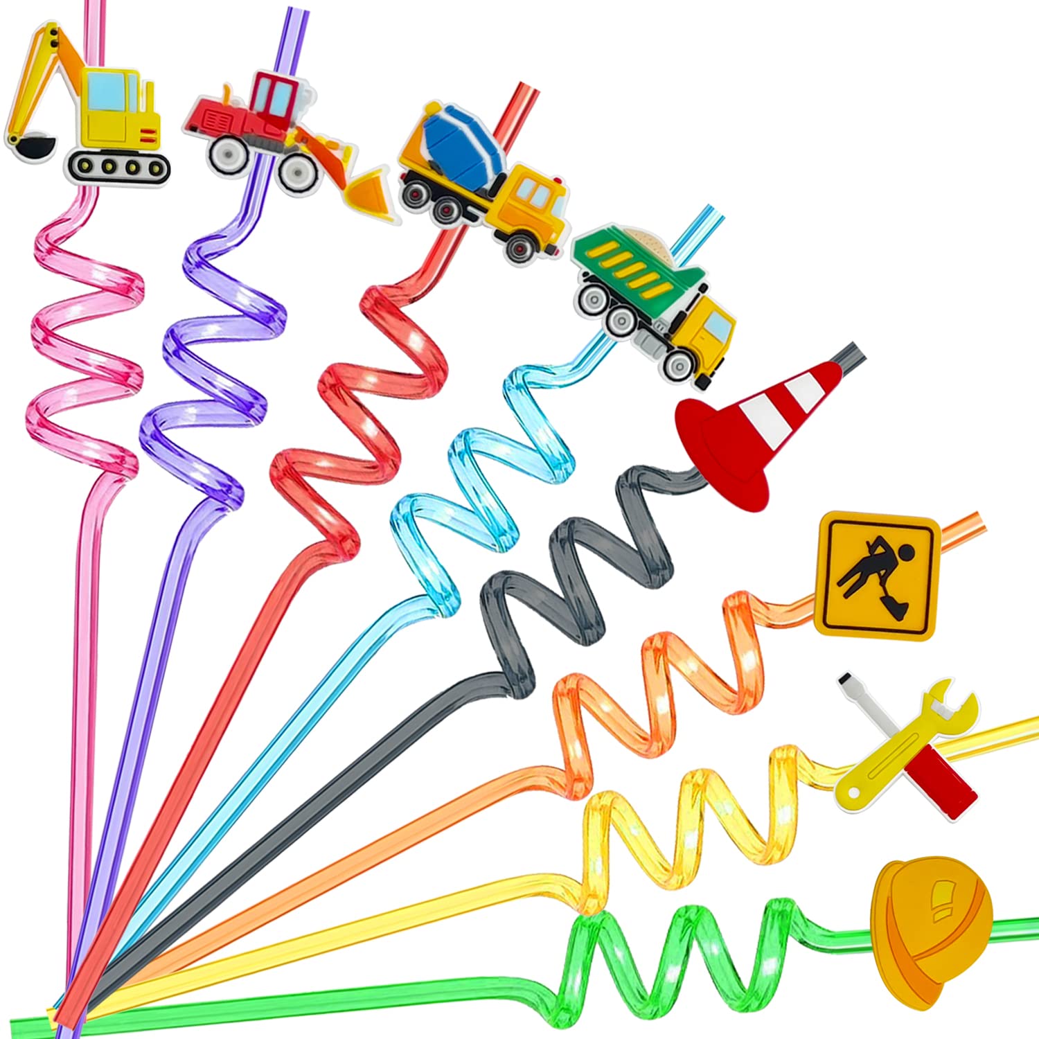 24 Construction Plastic Straws Reusable Drinking Straws with 2 Cleaning Brush Blender Truck Excavator Truck Bulldozer Transportation Straws Construction Party Favors Supplies Gift for Kids Boys