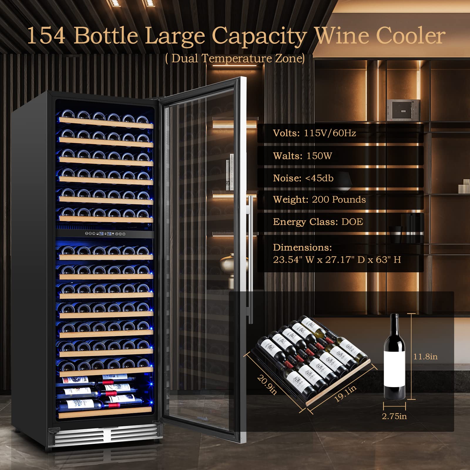AAOBOSI 24 Inch Wine Cooler Dual Zone, 154 Bottles Wine Refrigerator Built in or Freestanding Wine Fridge 40ยฐF-65ยฐF with Intelligent Temperature Control-Memory Function-Powerful Compressor-Quiet