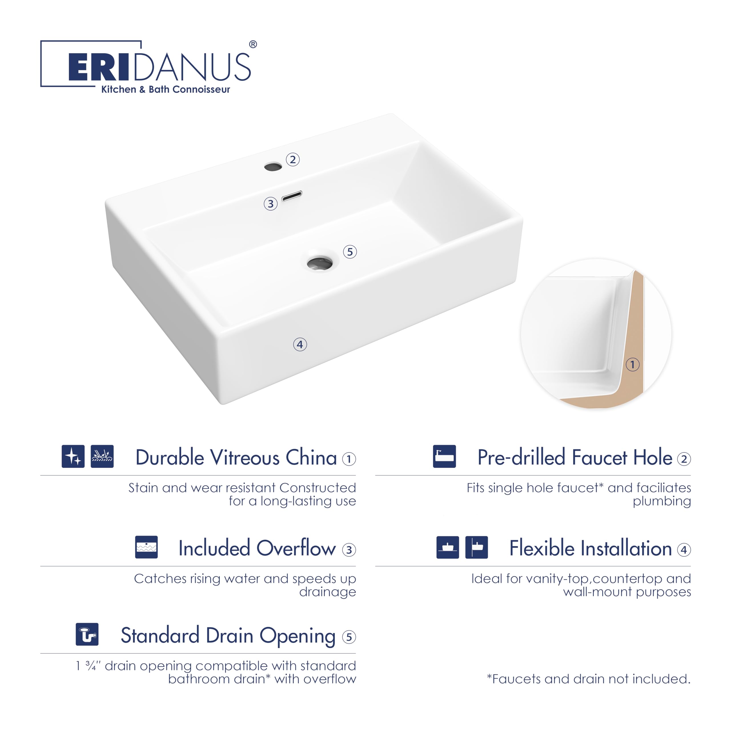 24" x 16" Bathroom Sink Vessel Rectangle, Eridanus Hang Wall Mount Sinks Countertop Vanity Floating Trough Washbasin, Ceramic Porcelain Modern White Art Basin Bowl with Overflow