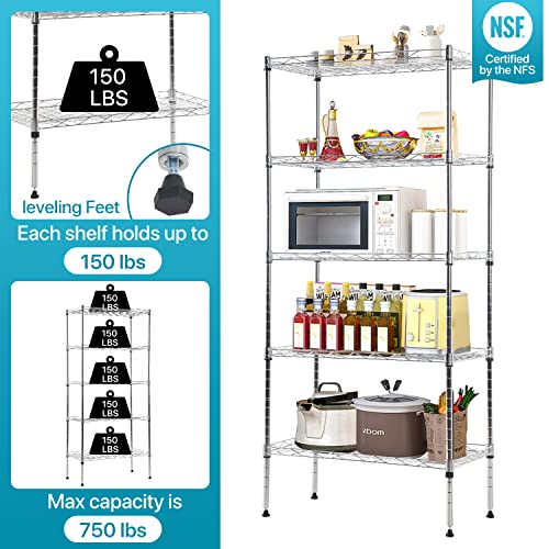 5 Wire Shelving Unit Storage Shelf Adjustable Heavy Duty Shelf with Leveling Feet for Closet Laundry Pantry Kitchen Garage 750 LBS Capacity 21.5" L x 11.6" W x 47.6" H, Chrome