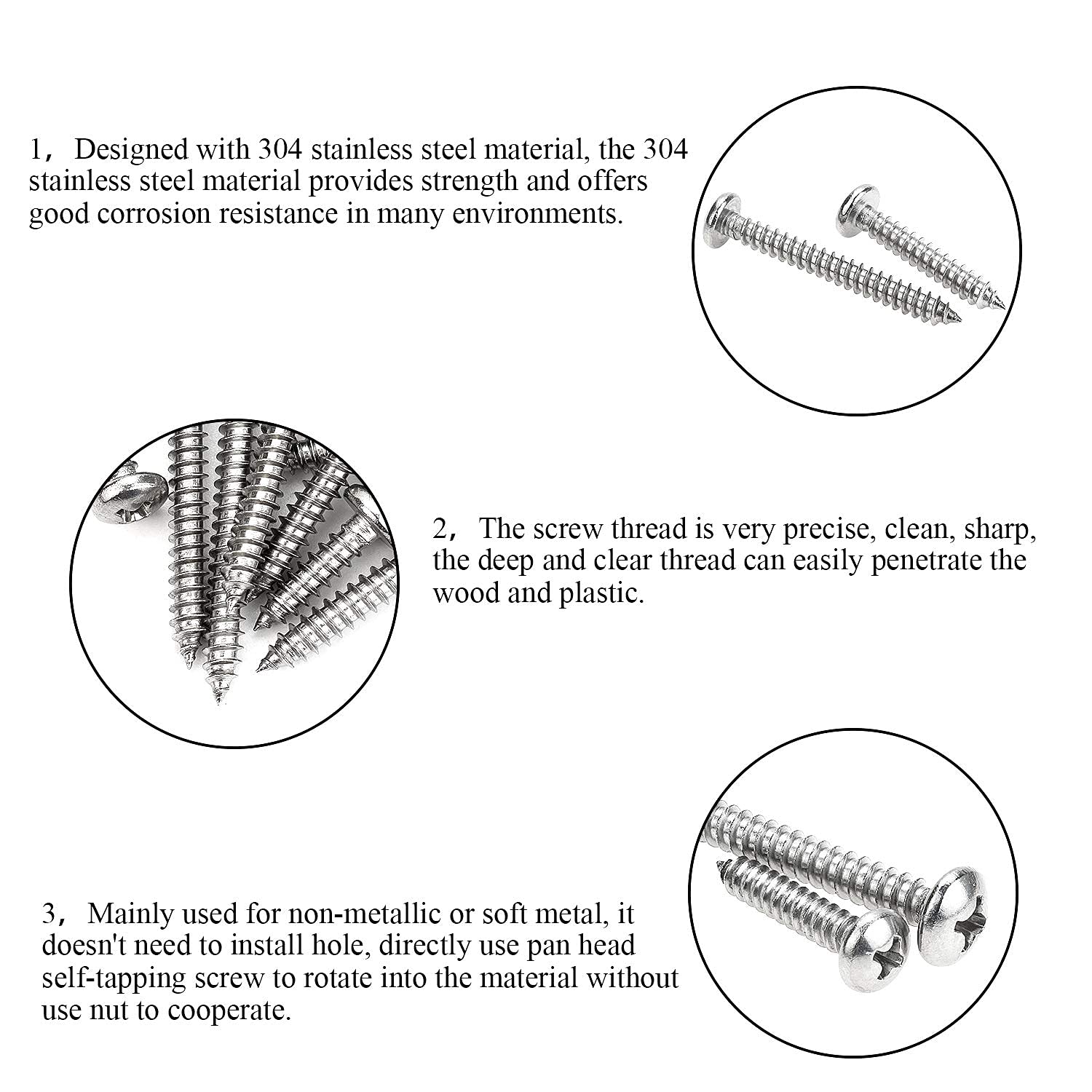 DYWISHKEY 310 Pieces #6#8#10#12 Stainless Steel 304 Phillips Pan Head Self-Tapping Screws, Wood Screws Assortment Kit