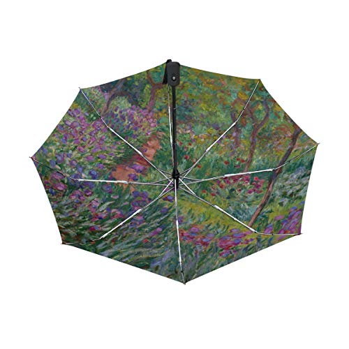 Auto Open Close Umbrella, Iris Garden At Giverny Monet Folding Travel Umbrellas for Rain and Sun