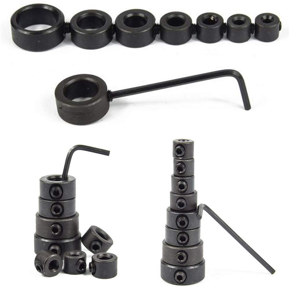 8PCS Drill Depth Stop Collars Limit Ring,1/8,3/16,1/4,5/16,3/8,7/16,1/2,5/8 Drill Depth Stop Collars Ring Dowel Shaft Chuck, Hex Wrench Woodworking for Drill Bits Consistent Drilling