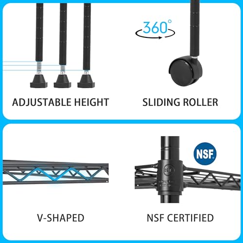 24/7 Shop at Home Rex Industrial 5 Tier Wire Shelving Rack with Wheels, Adjustable Shelves and NSF Certified, Metal Storage Shelves for Kitchen, Office, Garage, Basement, Laundry Room, Black