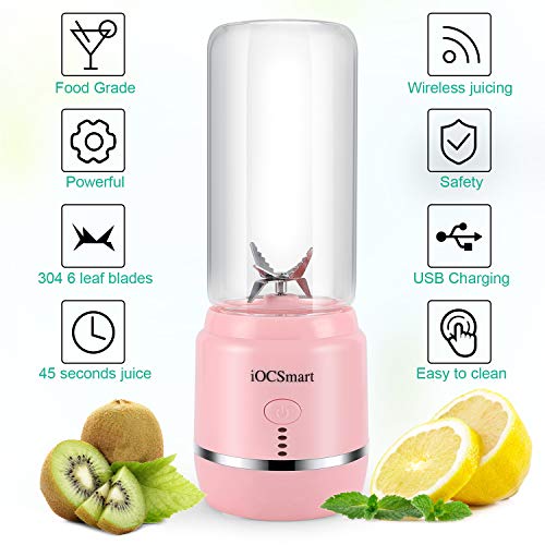 iOCSmart Portable Blender USB Rechargeable, Mini Blender for Shakes and Smoothies, Personal Blender with Silicone Straw 13.5oz Bottle for Travel Sports Kitchen (Pink)