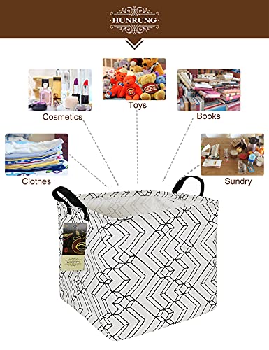 HUNRUNG Square Storage Bins Nursery Hamper Canvas Laundry Basket Foldable with Waterproof Nursery Boxes for Shelves/Gift Baskets/Toy Organizer/Office, Bedroom (Square-black transverse geometry)