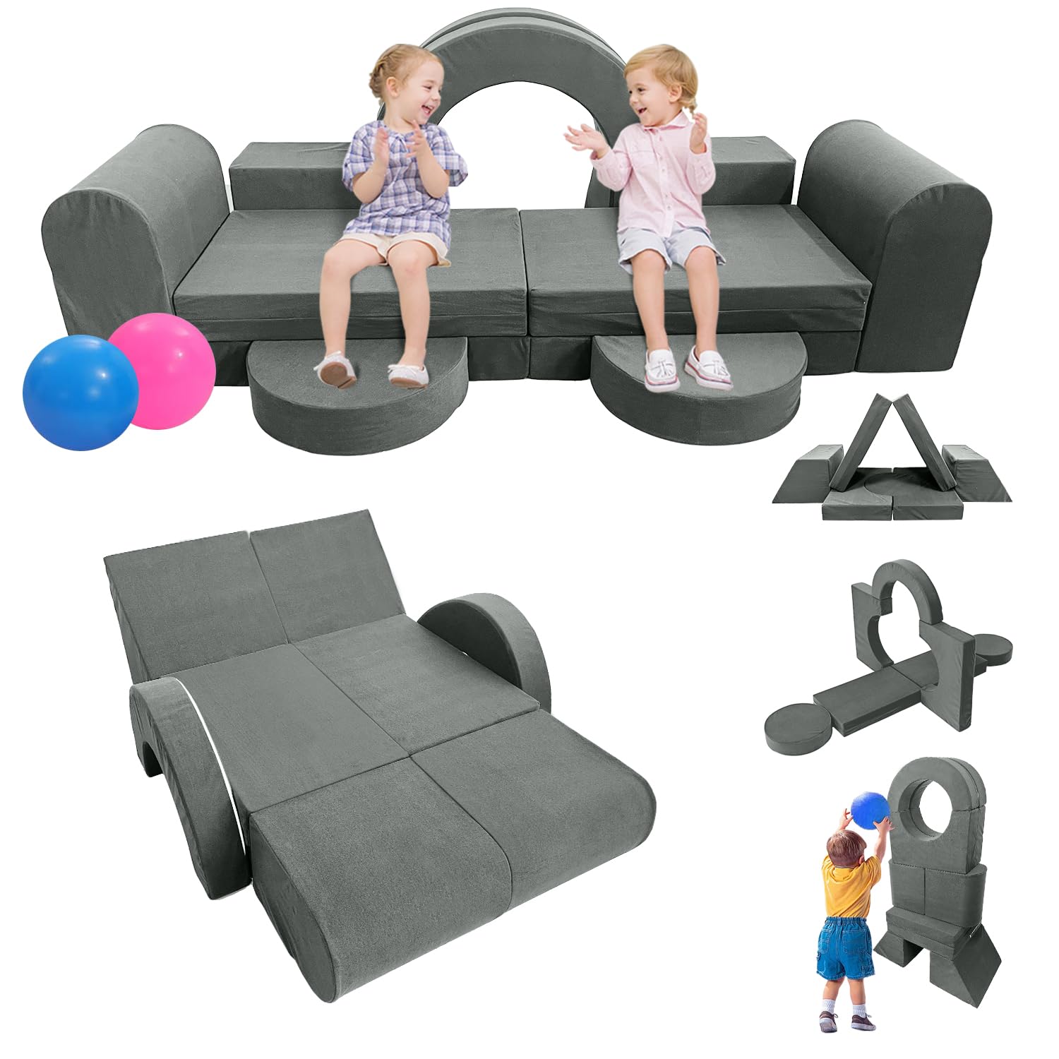 Fivetry Modular Kids Play Couch - 12pcs Convertible Kids Sofa Kids Couch Building Fort Toddler Sofa Comfy Toddler Foam Couch Play Fort Couch in Playroom/Nursery with Hook and Loop