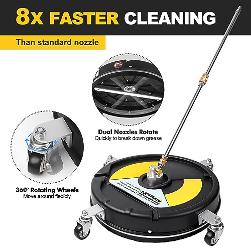 18" Pressure Washer Surface Cleaner, Power Washer Surface Cleaners with 4 Wheels, Max 4000PSI Surface Cleaner for Pressure Washer, 1/4” Quick Plug, 2 Extension Wands for Cleaning Sidewalk, Decks