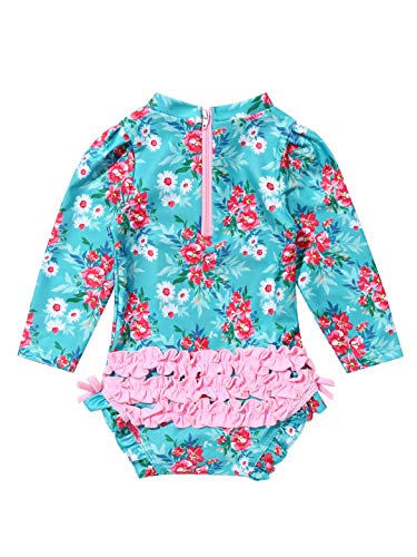 MSemis Infant Baby Girls Floral Printed Ruffled Back Rash Guard UPF 50+ Swimwear Swimsuit Bathing Suit Blue 18-24 Months