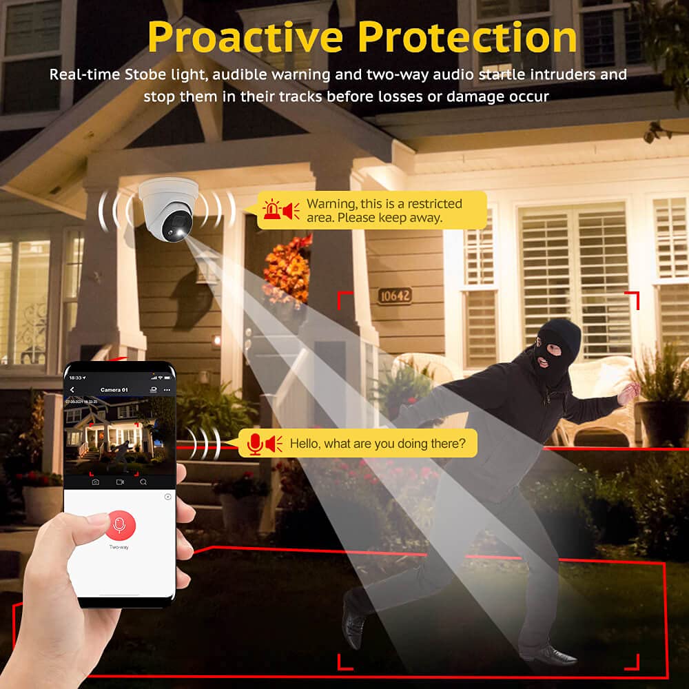 HITOSINO 4MP PoE IP Camera - 2.8mm, Strobe Light and Audible Warnning,WDR,H.265+,IP67,Built-in Two-Way Audio,Human and Vehicle Detection