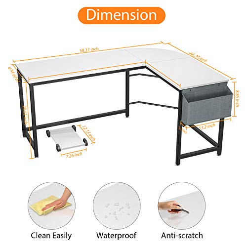 Topfurny L Shaped Desk 58’’ Corner Desk Computer Gaming Desk PC Table Writing Desk Large L Study Desk Home Office Workstation Modern Simple Multi-Usage Desk with Storage Bag Space-Saving Wooden Table