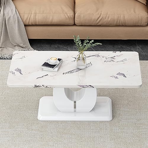 48’’ Modern Faux Marble Dining Table for 8, Large Rectangular Dining Room Table with White O-Shaped Bracket, Minimalist Kitchen Table for Restaurant, Meeting Room, Marble-Inspired Desktop