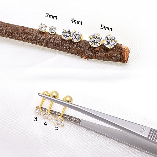 3 MM Cubic Zirconia Sterling Silver Plated Yellow Gold Stud Earrings for Women, Screw Ball Backing