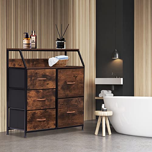 AIIT Kinlife Drawer Dresser Storage Tower, 5-Drawer Organizer Unit with MDF Board Tabletop, Organizer Tall Fabric Storage Tower for Bedroom Kitchen Living Room Study Entryway