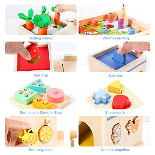 Asweets 8 in 1 Montessori Toys for 1 Year Old Includes Object Permanence Box,Montessori Coin Box,Carrot Harvest Game,Matchstick Color Drop Game,Ball Drop Learning Toys for 6-12 Months