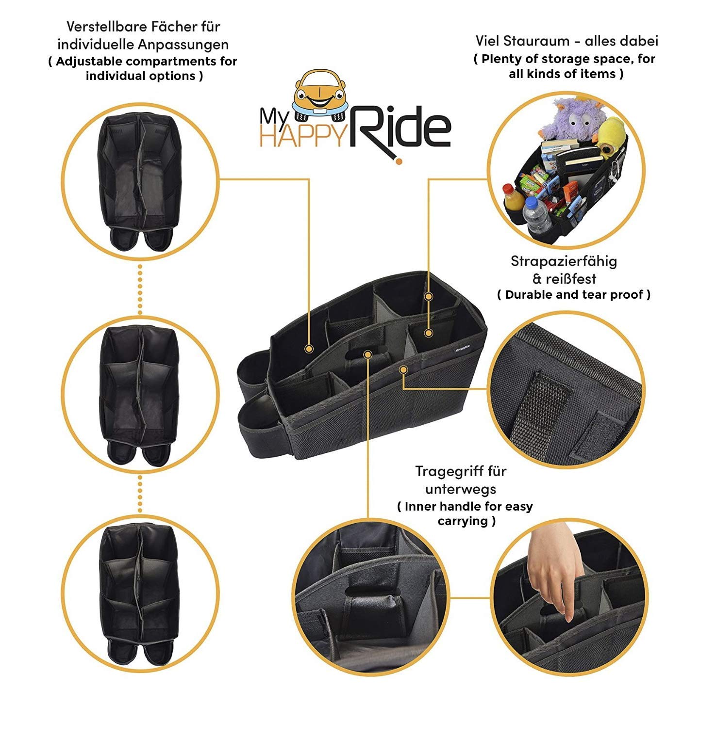 Car Seat Organizer - Back Seat & Front Seat Storage Bag with Seat Belt Attachment, Cup holders and Foldable Pockets - Water Resistant Backseat Organizer for Toys, Snacks and other utensils