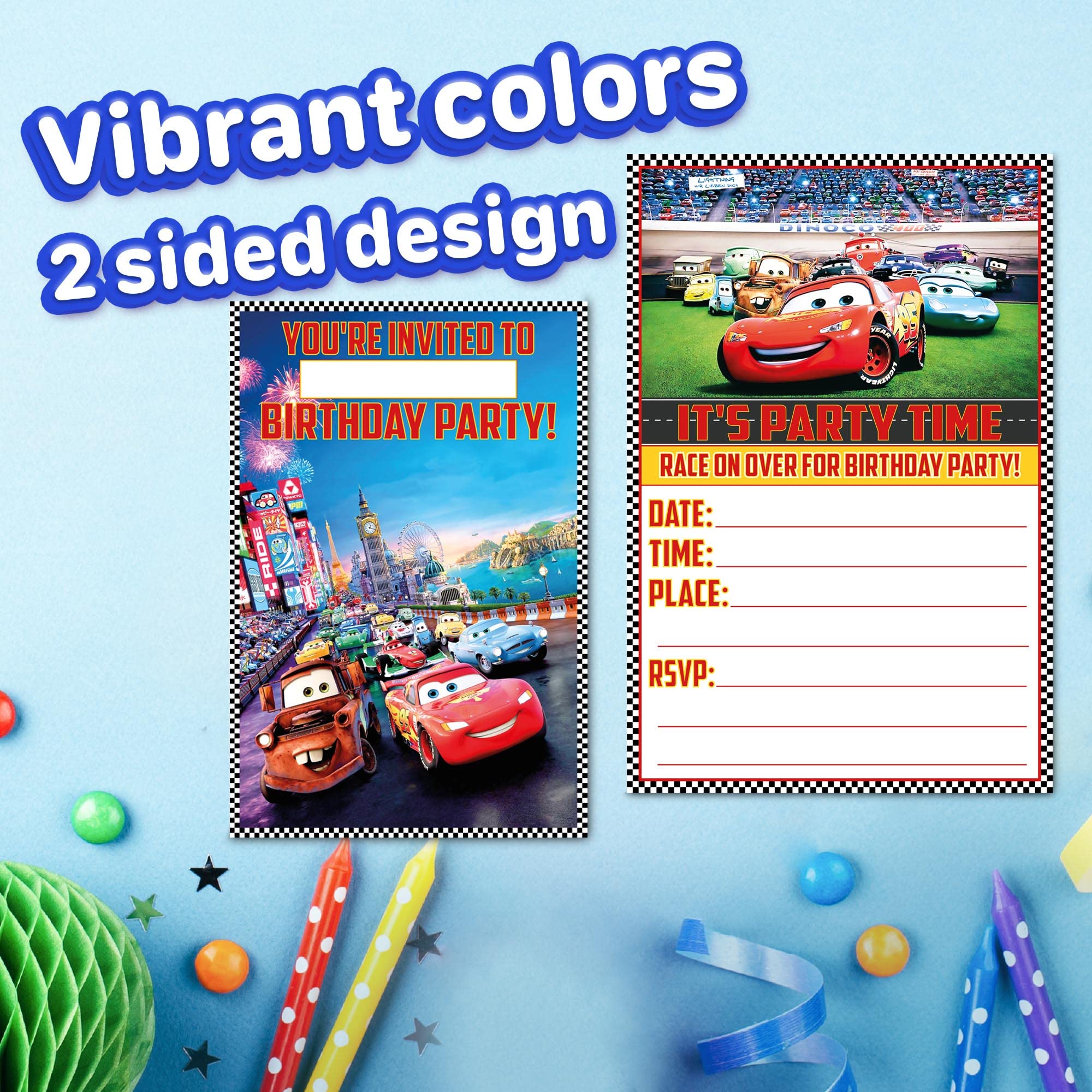 30x Cars Birthday Invitations and Envelopes β Fill-in Happy Birthday Party Invitations for Kids, 6X4 Inches, Postcard Style