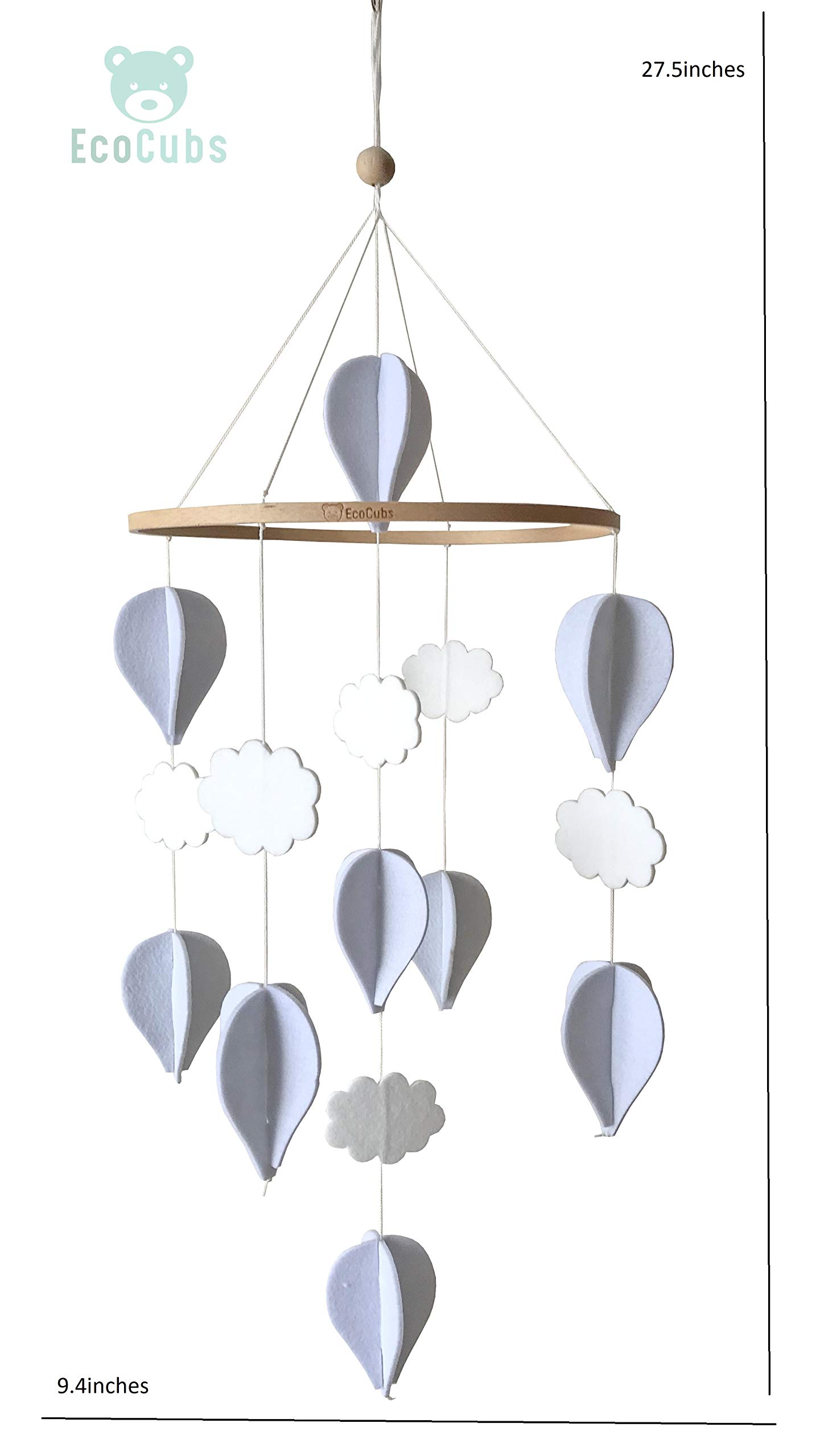 EcoCubs Handmade Baby Crib Mobile | White & Pale Grey | Hot Air Balloons & Clouds | Eco-Friendly Felt & Organic Beech Wood | Gender Neutral Nursery Decor | Simple & Modern Design