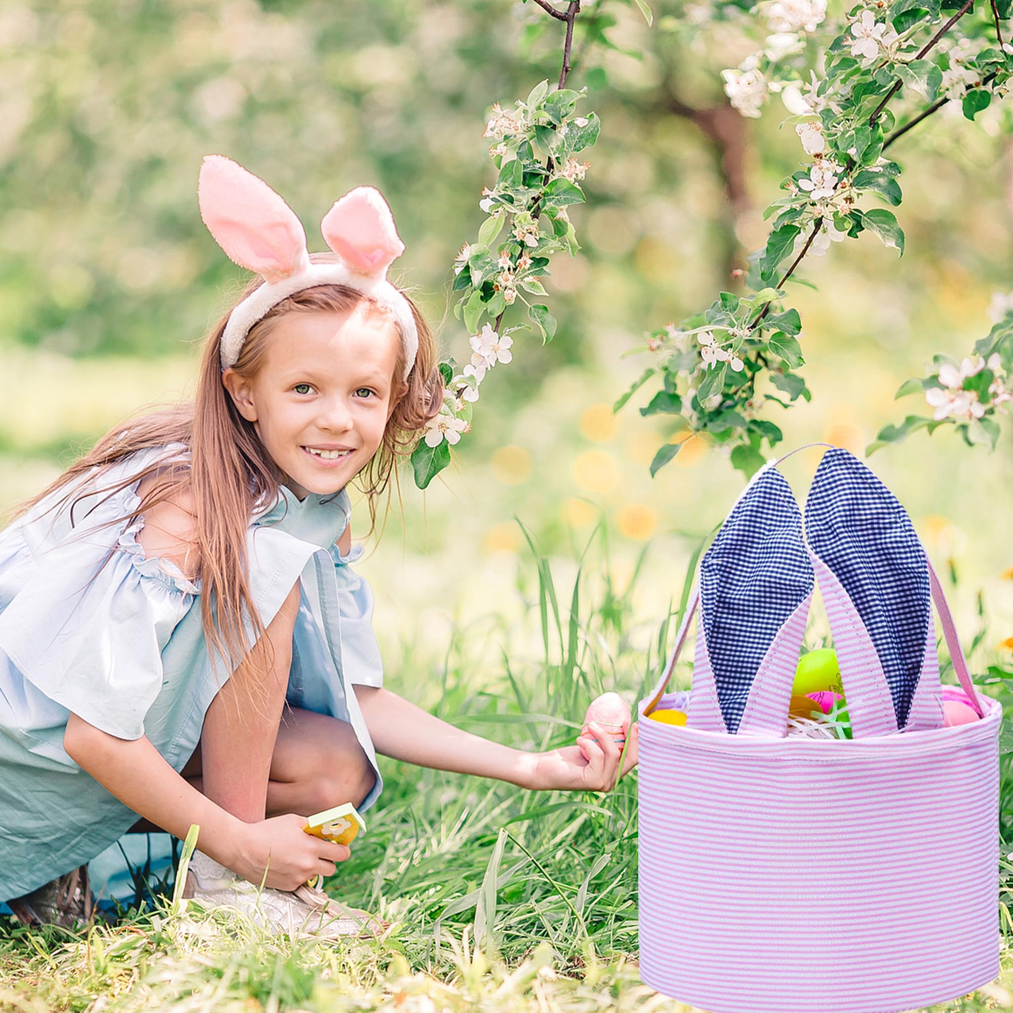 Easter Bunny Basket Seersucker Egg Bags for Kids,Personalized Candy Egg Basket Rabbit Print Buckets with Fluffy Tail Gifts Bags for Easter(Seersucker Pink)……