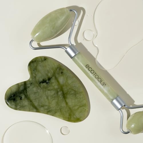EcoTools Beauty Skin Care Tool Jade Facial Roller and Gua Sha Stone Duo, Face Roller and Massager, Skincare and Sculpting Tools, Green, Promotes Healthy Skin, Massager, 2 Piece Set, 1 Count