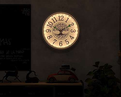 Abdurey Night Light Wall Clock, 12" White Retro-Vintage Style, Silent Battery Operated, Sound Control Sensor Lighted Wall Clocks, for Bedroom, Living Room, Farmhouse (Tree of Life Warm Light)