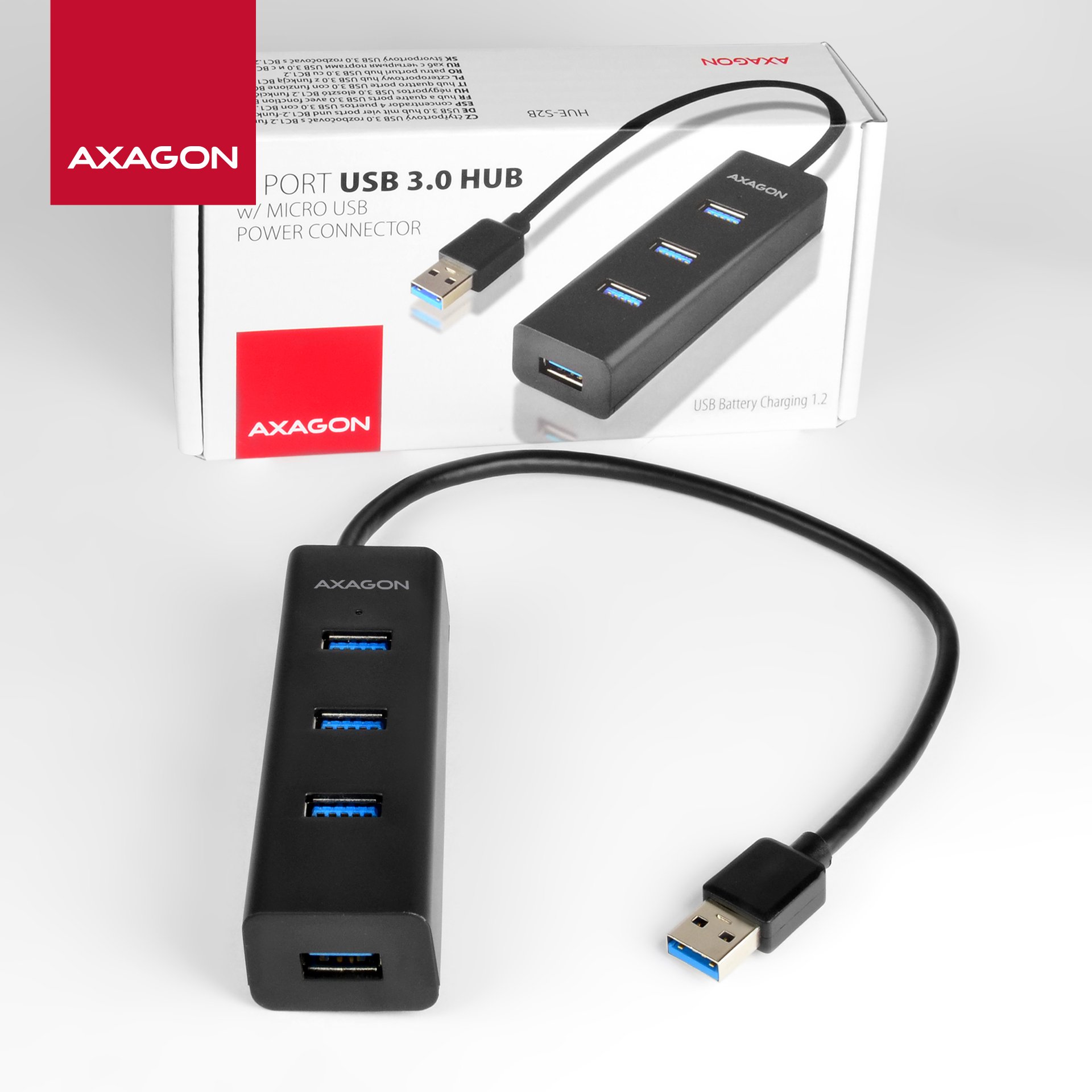 AXAGON HUE-S2B USB-A-Hub, 4X USB 3.0, 1x Micro-USB für Stromversorgung - 300 mm Kabel